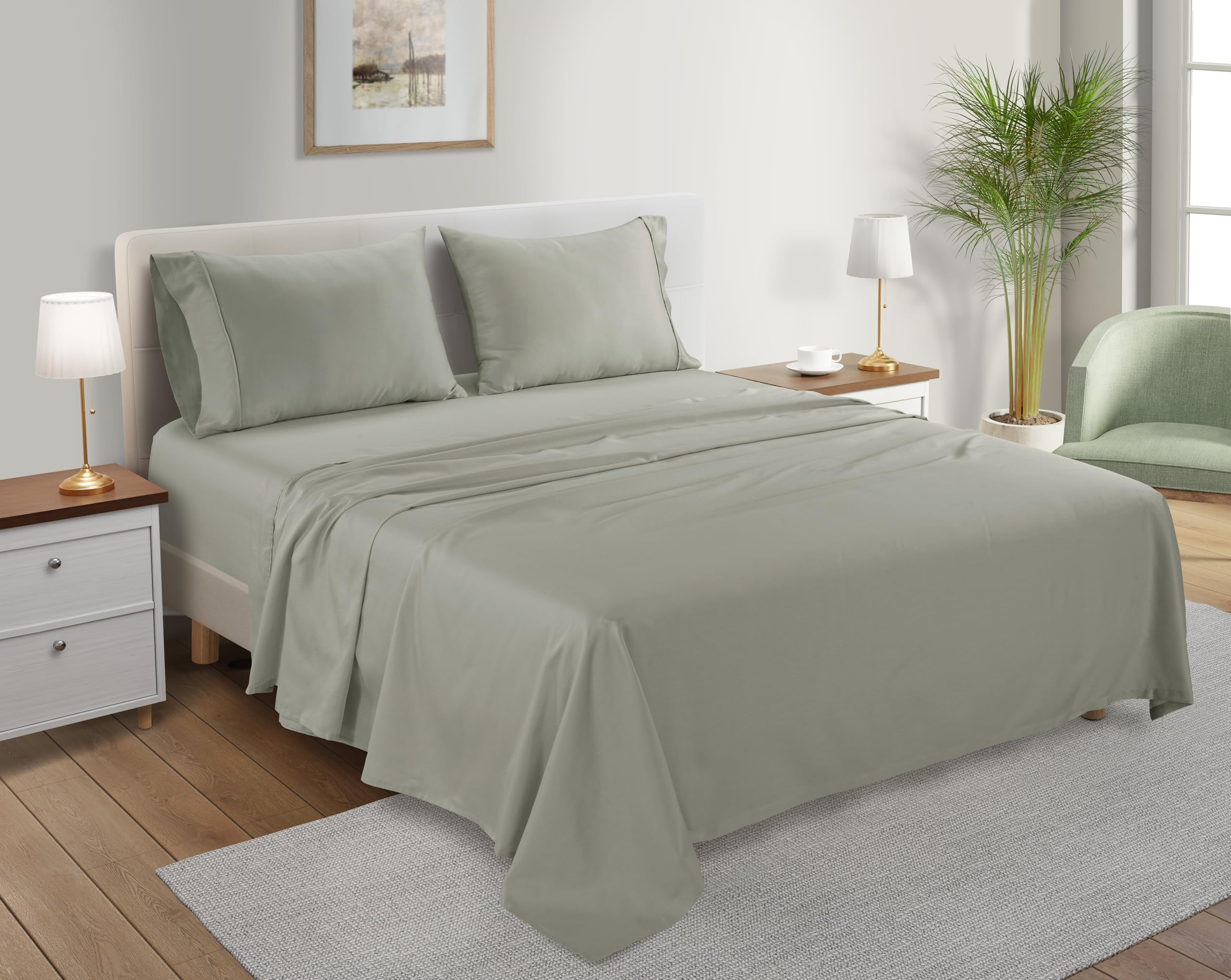 100% Organic Cotton Twin Sheet Set & Standard Pillowcases Set of 2 Combo- 300 Thread Count Long Staple Cotton Sheets,3 Pc Twin Size Sheets & Standard Pillowcases, Sateen Sheets, Breathable - Sage