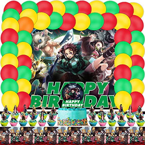 Demon Inspired Slayer Birthday Party Supplies, Party Decorations Including Latex Balloons, Cake Toppers, Backdrop and Tablecloth for Kids Demon Inspired Slayer Party Decorations