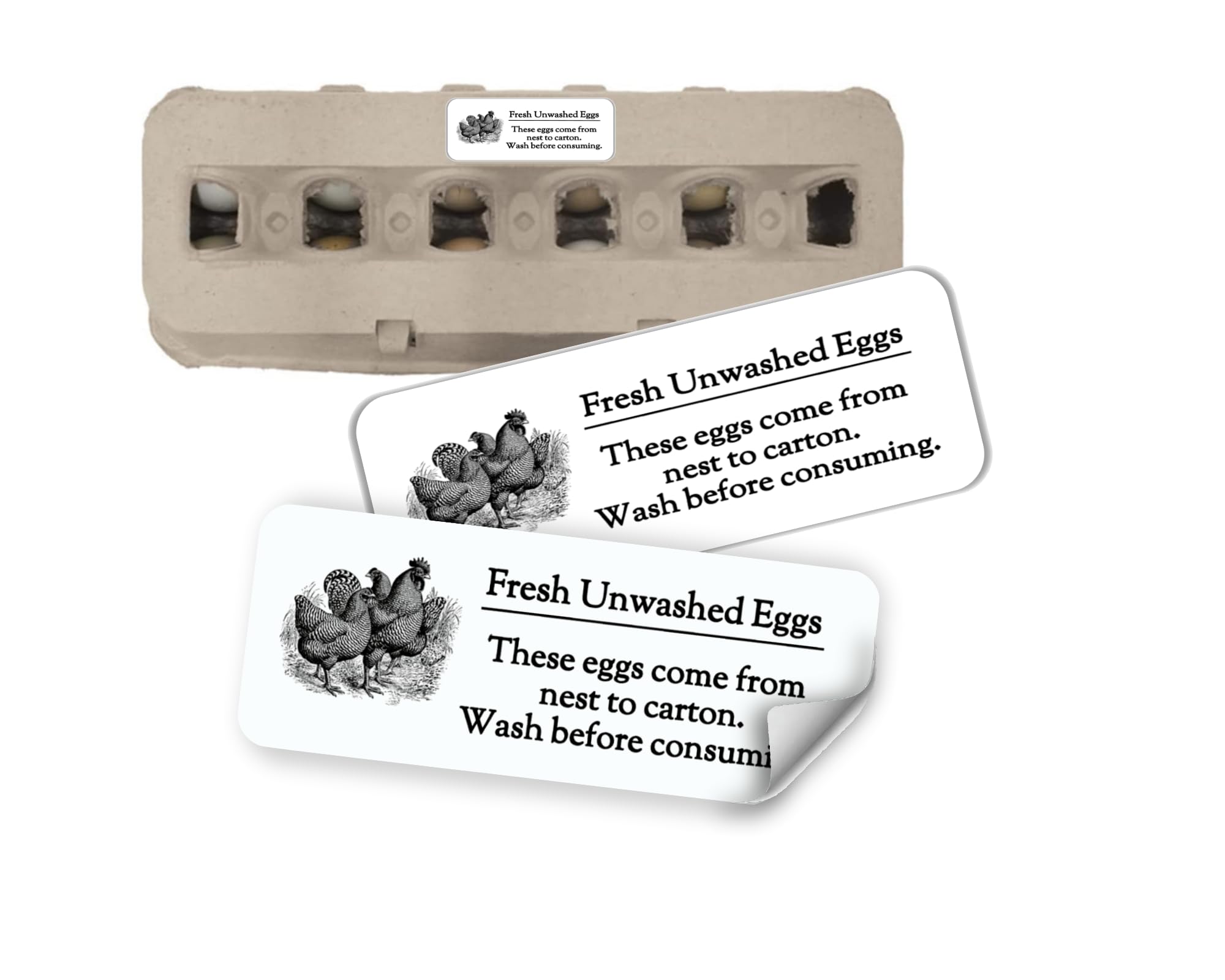 60 unwashed egg carton labels for chicken egg safety, and handling. Fresh Unwashed Eggs stickers for your fresh egg cartons. Perfect for the small business egg merchant.