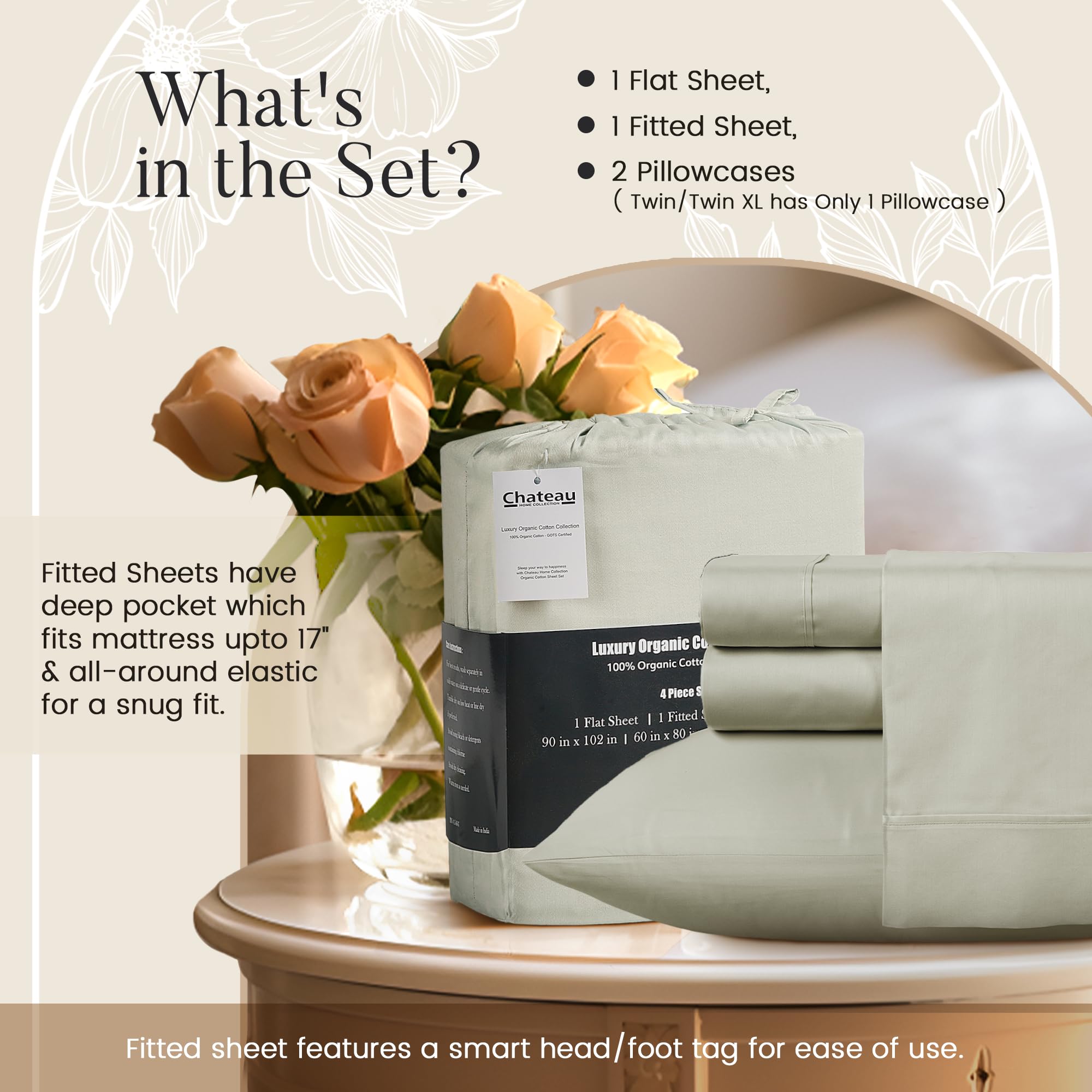 100% Organic Cotton Twin Sheet Set & Standard Pillowcases Set of 2 Combo- 300 Thread Count Long Staple Cotton Sheets,3 Pc Twin Size Sheets & Standard Pillowcases, Sateen Sheets, Breathable - Sage