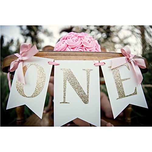 1st Birthday Baby Party Decoration High Chair Glitter Gold ONE Banner (4.8inch Ribbon Bow)