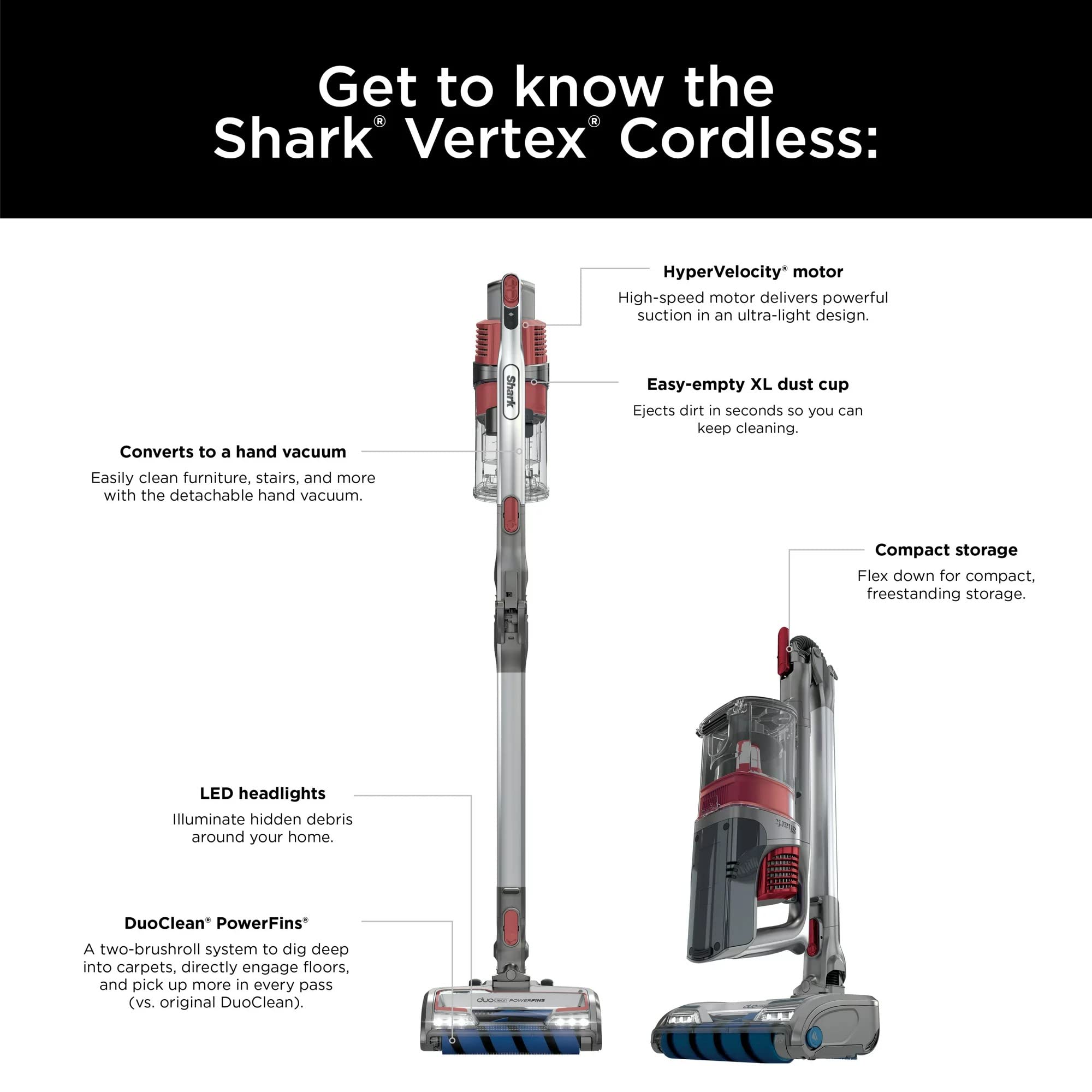 Shark WZ440H Vertex Ultra Lightweight Cordless Stick Vacuum with DuoClean PowerFins, Crevice Tool, Removable Handheld, MultiFLEX, 50 min Runtime, Silver/Red (Renewed)