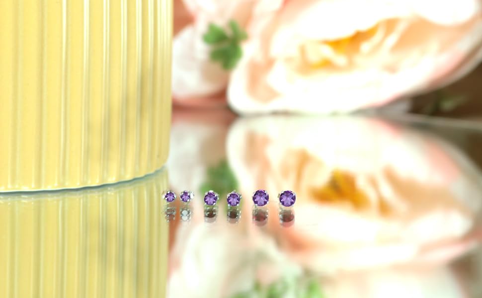 3-Pair Set Sterling Silver African Amethyst Round Stud Earrings, 3mm 4mm 5mm