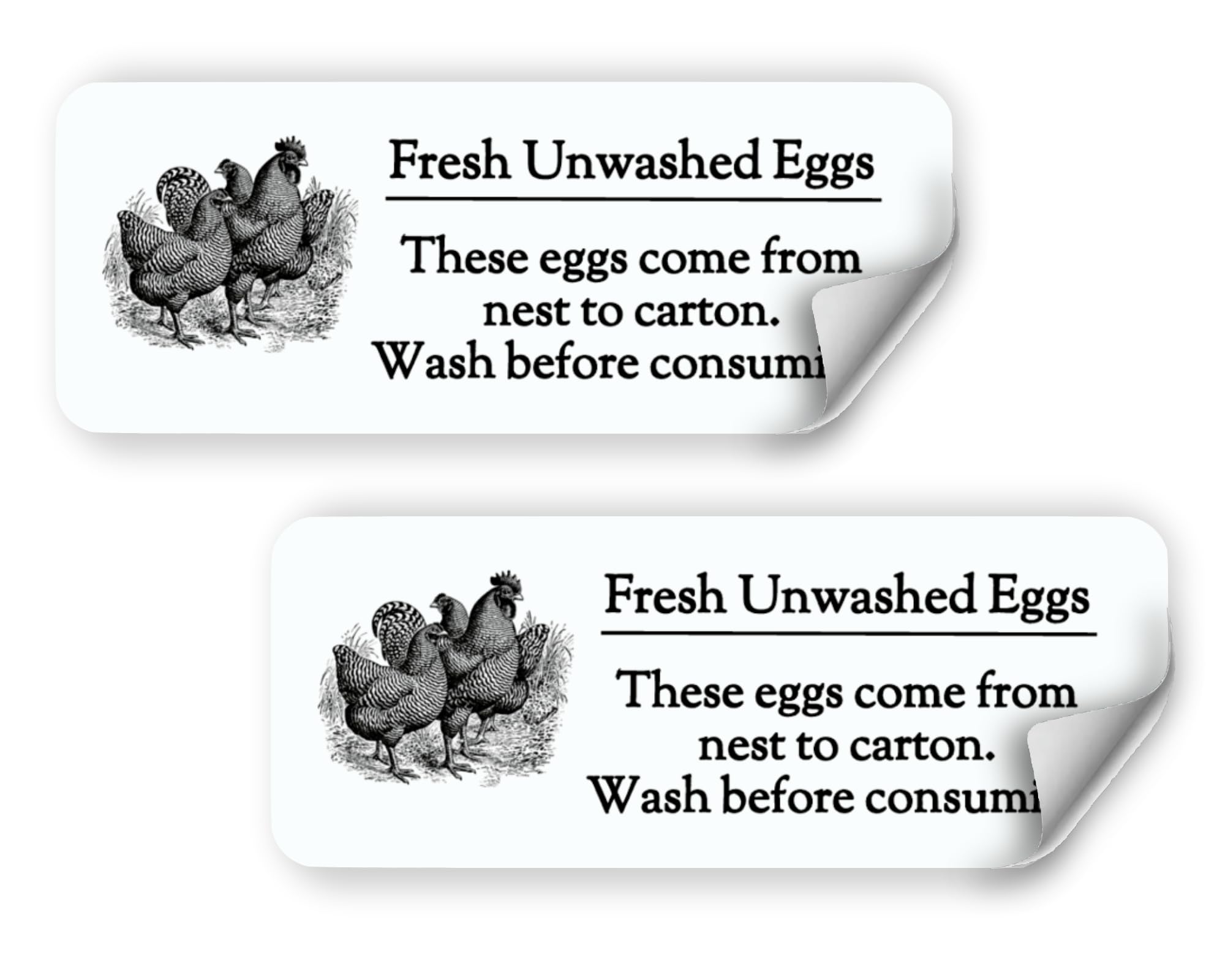 60 unwashed egg carton labels for chicken egg safety, and handling. Fresh Unwashed Eggs stickers for your fresh egg cartons. Perfect for the small business egg merchant.