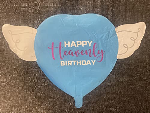 Happy Heavenly Birthday blue/purple heart shaped balloon with angel wings