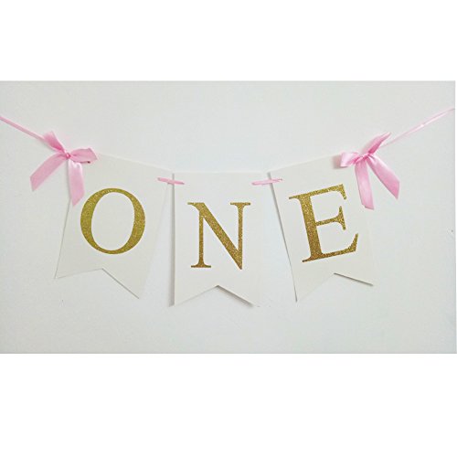 1st Birthday Baby Party Decoration High Chair Glitter Gold ONE Banner (4.8inch Ribbon Bow)