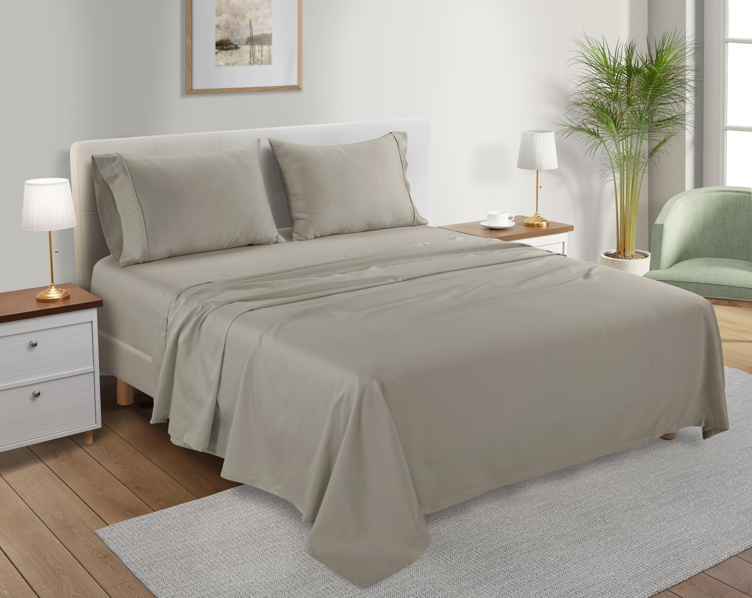 100% Organic Cotton Twin Sheet Set & Standard Pillowcases Set of 2 Combo- 300 Thread Count Long Staple Cotton Sheets,3 Pc Twin Size Sheets & Standard Pillowcases, Sateen Sheets, Breathable - Silver