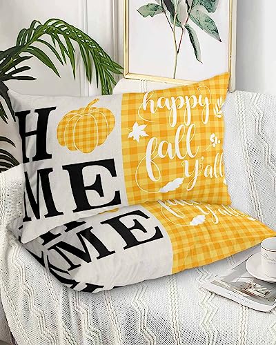Edwiinsa Fall Pumpkin Pillow Covers King Standard Set of 2 Bed Pillow, Farmhouse Yellow Plaid Splicing Plush Soft Comfort for Hair/Skin Cooling Pillowcases with Envelop Closure 20''x36''
