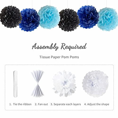 ANSOMO Blue and Black Happy Birthday Party Decorations for Boy Men Banner Balloons Navvy Light Blue Pom Poms Foil Curtain Décor Supplies 13th 16th 18th 20th 30th 40th 50th 60th 70th 80th