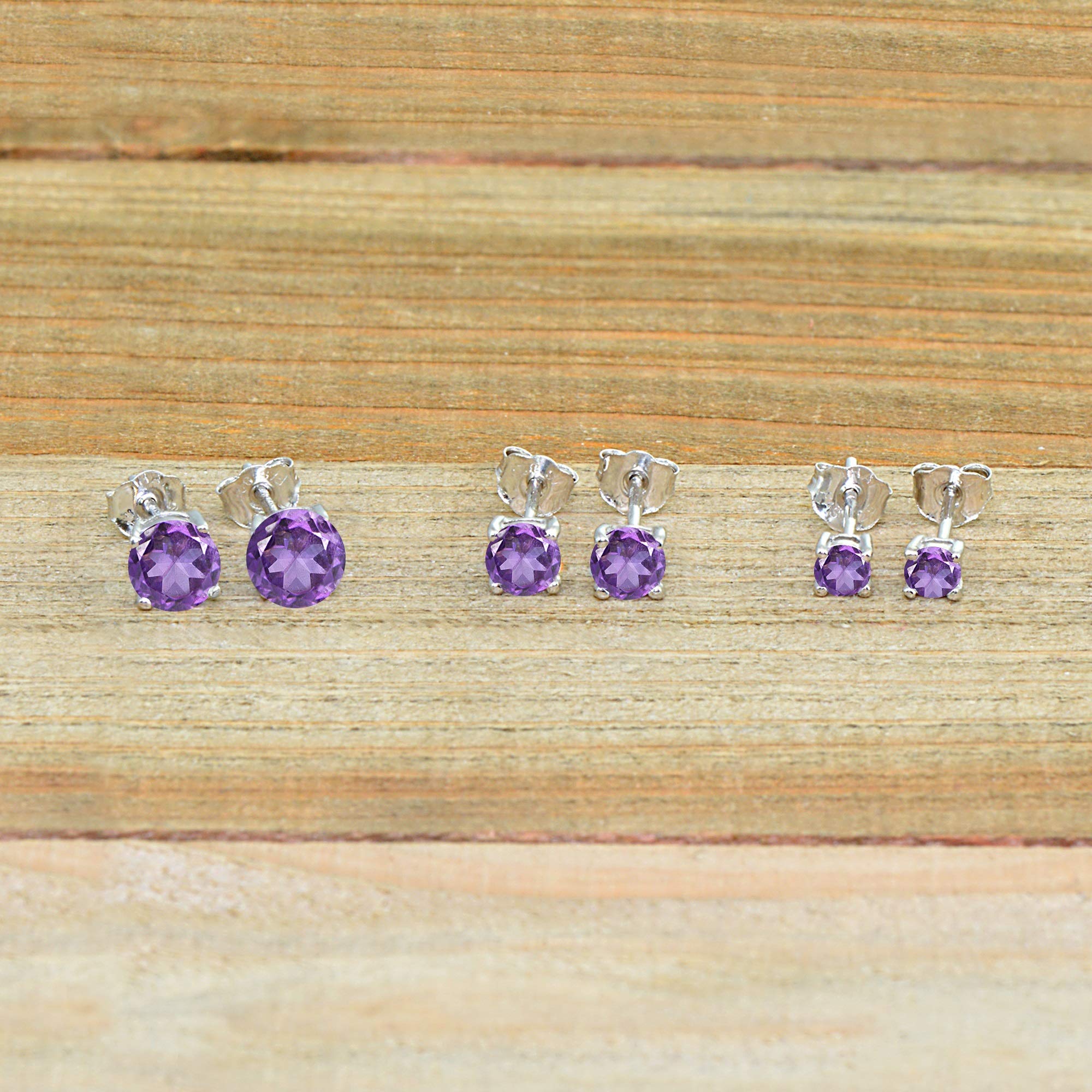 3-Pair Set Sterling Silver African Amethyst Round Stud Earrings, 3mm 4mm 5mm
