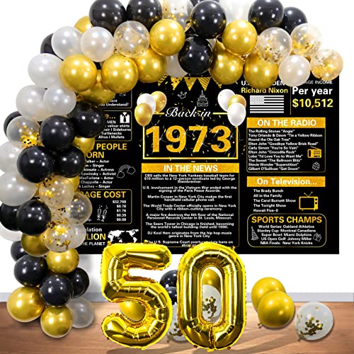 Crenics Black Gold 50th Birthday Party Decorations - Vintage Back in 1973 Birthday Banner, Balloon Arch Garland and Number 50 Balloon for Men Women 50 Birthday Wedding Anniversary Party Supplies