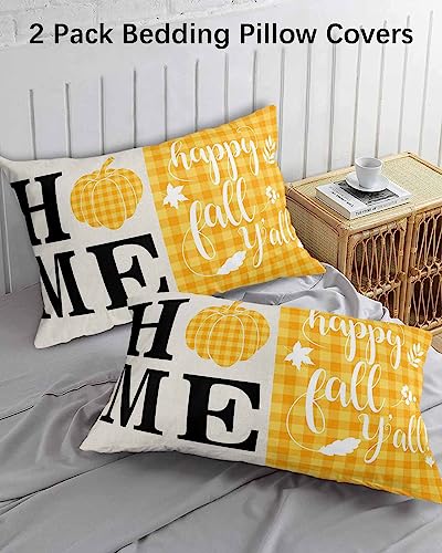 Edwiinsa Fall Pumpkin Pillow Covers King Standard Set of 2 Bed Pillow, Farmhouse Yellow Plaid Splicing Plush Soft Comfort for Hair/Skin Cooling Pillowcases with Envelop Closure 20''x36''