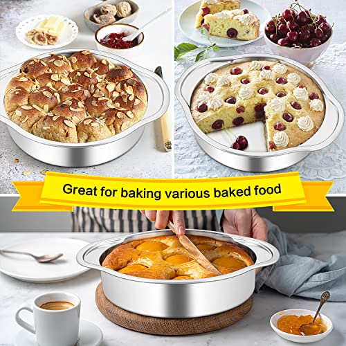 E-far 8 Inch Cake Pan Set of 2, Stainless Steel Round Cake Pans Tins with Handle for Baking Birthday Wedding Layer Cakes, Easy Grip & Straight Side, Mirror Finish & Dishwasher Safe
