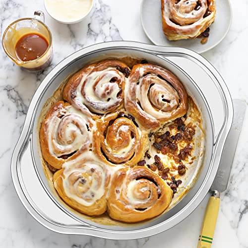 E-far 8 Inch Cake Pan Set of 2, Stainless Steel Round Cake Pans Tins with Handle for Baking Birthday Wedding Layer Cakes, Easy Grip & Straight Side, Mirror Finish & Dishwasher Safe
