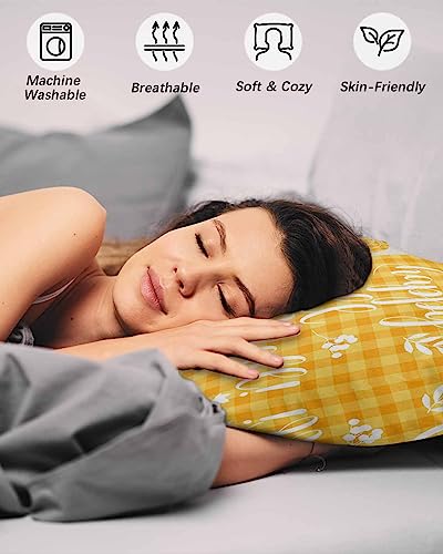Edwiinsa Fall Pumpkin Pillow Covers King Standard Set of 2 Bed Pillow, Farmhouse Yellow Plaid Splicing Plush Soft Comfort for Hair/Skin Cooling Pillowcases with Envelop Closure 20''x36''