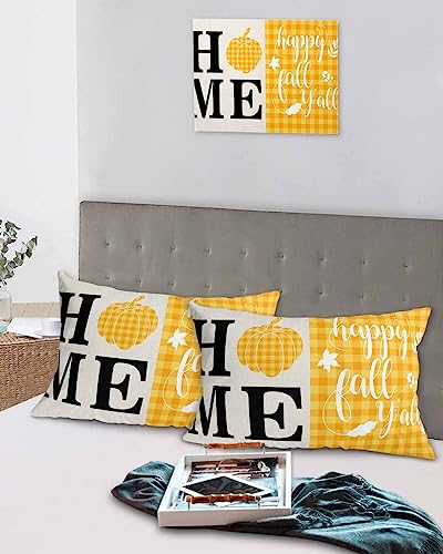 Edwiinsa Fall Pumpkin Pillow Covers King Standard Set of 2 Bed Pillow, Farmhouse Yellow Plaid Splicing Plush Soft Comfort for Hair/Skin Cooling Pillowcases with Envelop Closure 20''x36''