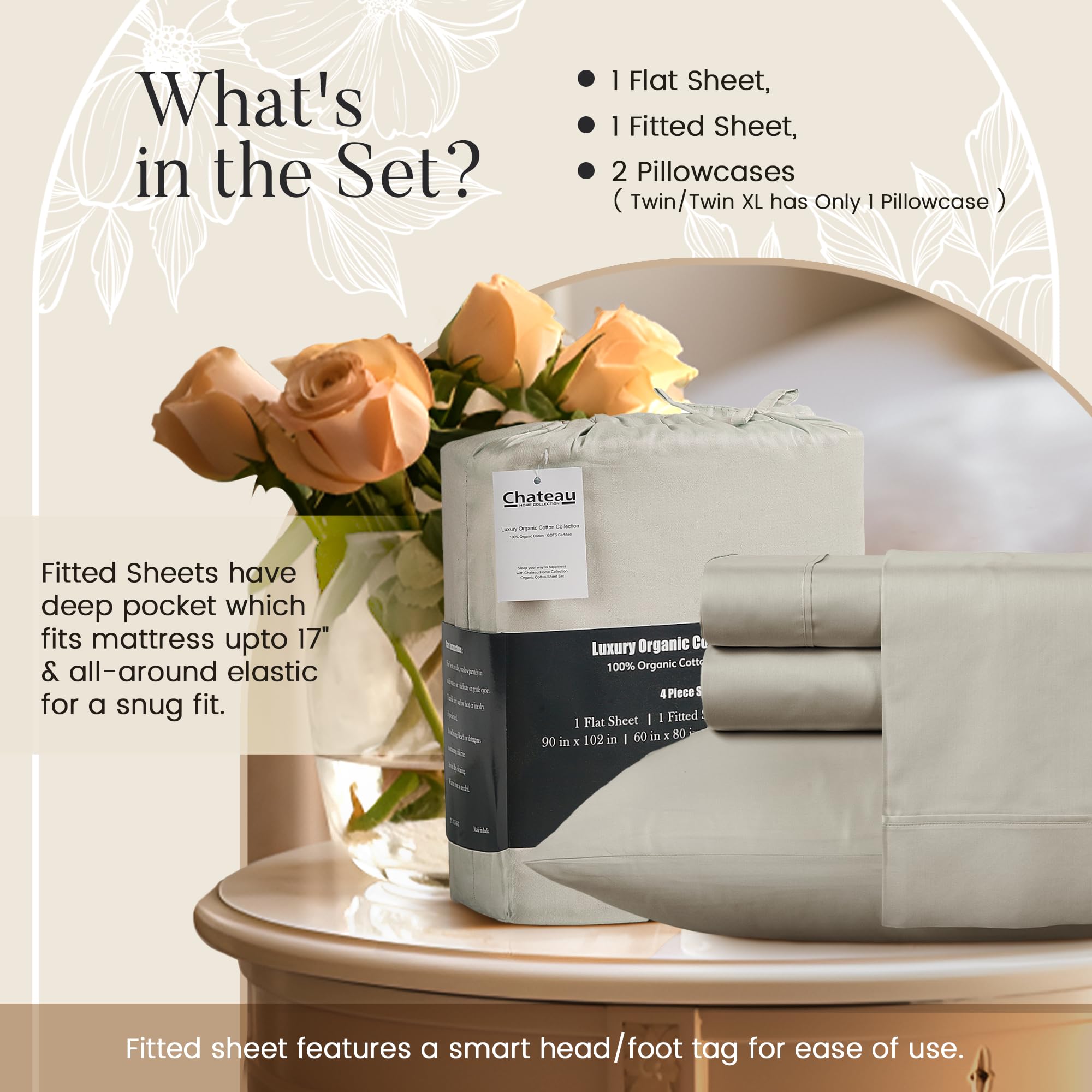 100% Organic Cotton Twin Sheet Set & Standard Pillowcases Set of 2 Combo- 300 Thread Count Long Staple Cotton Sheets,3 Pc Twin Size Sheets & Standard Pillowcases, Sateen Sheets, Breathable - Silver