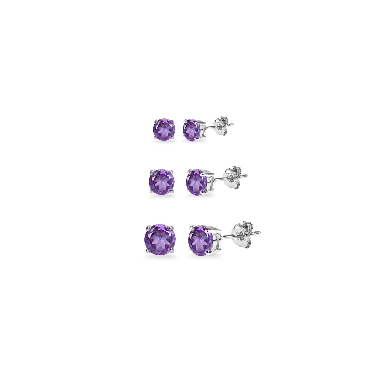 3-Pair Set Sterling Silver African Amethyst Round Stud Earrings, 3mm 4mm 5mm