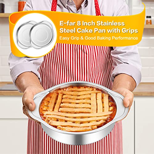 E-far 8 Inch Cake Pan Set of 2, Stainless Steel Round Cake Pans Tins with Handle for Baking Birthday Wedding Layer Cakes, Easy Grip & Straight Side, Mirror Finish & Dishwasher Safe