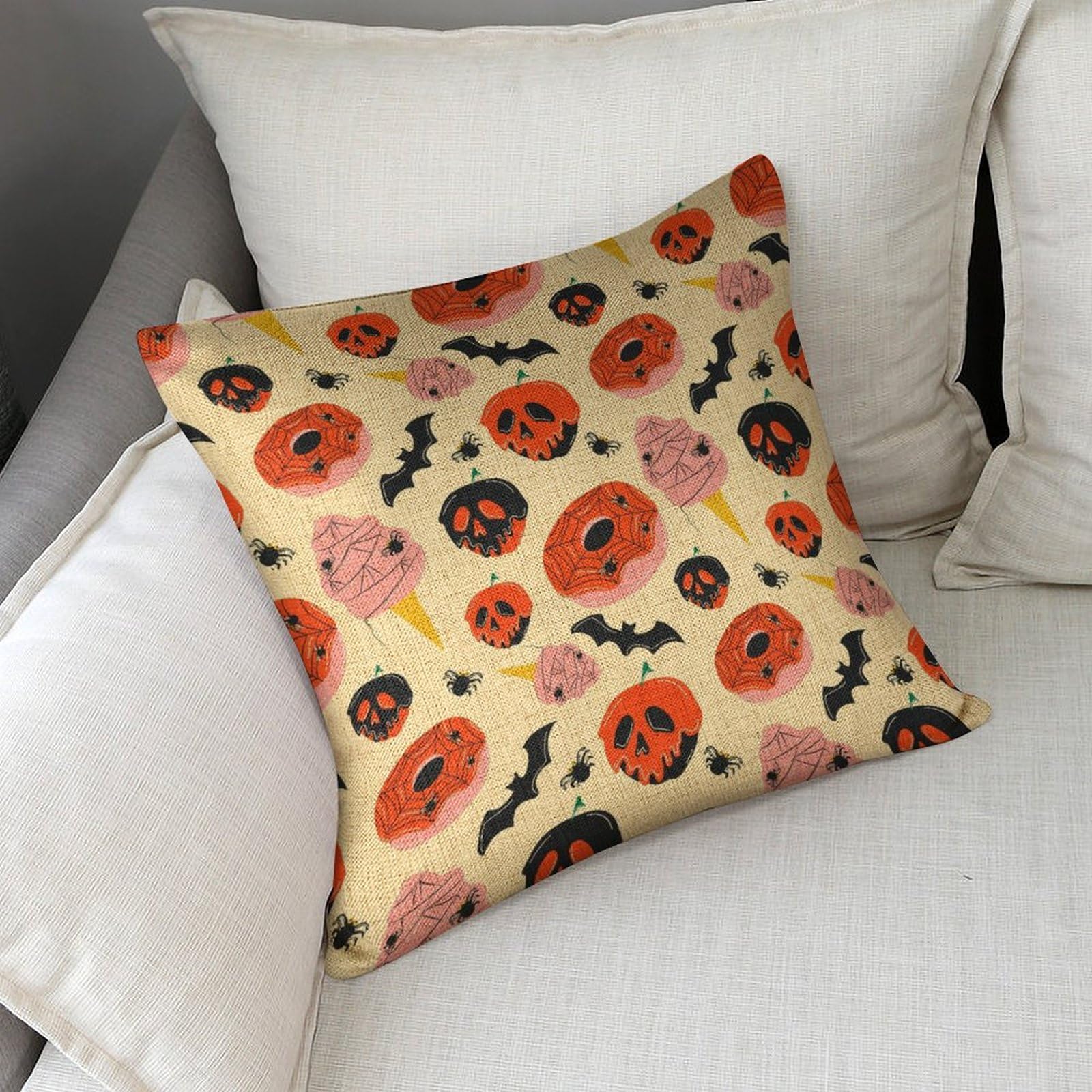 Cute Halloween Cupcakes Throw Pillow Covers 18×18 Pillowcases Set of 2 Ice Cream Donut Linen Decorative Square Pillow Case Cushion Covers Standard Size for Sofa Couch Outdoor Bed Pillow Protectors