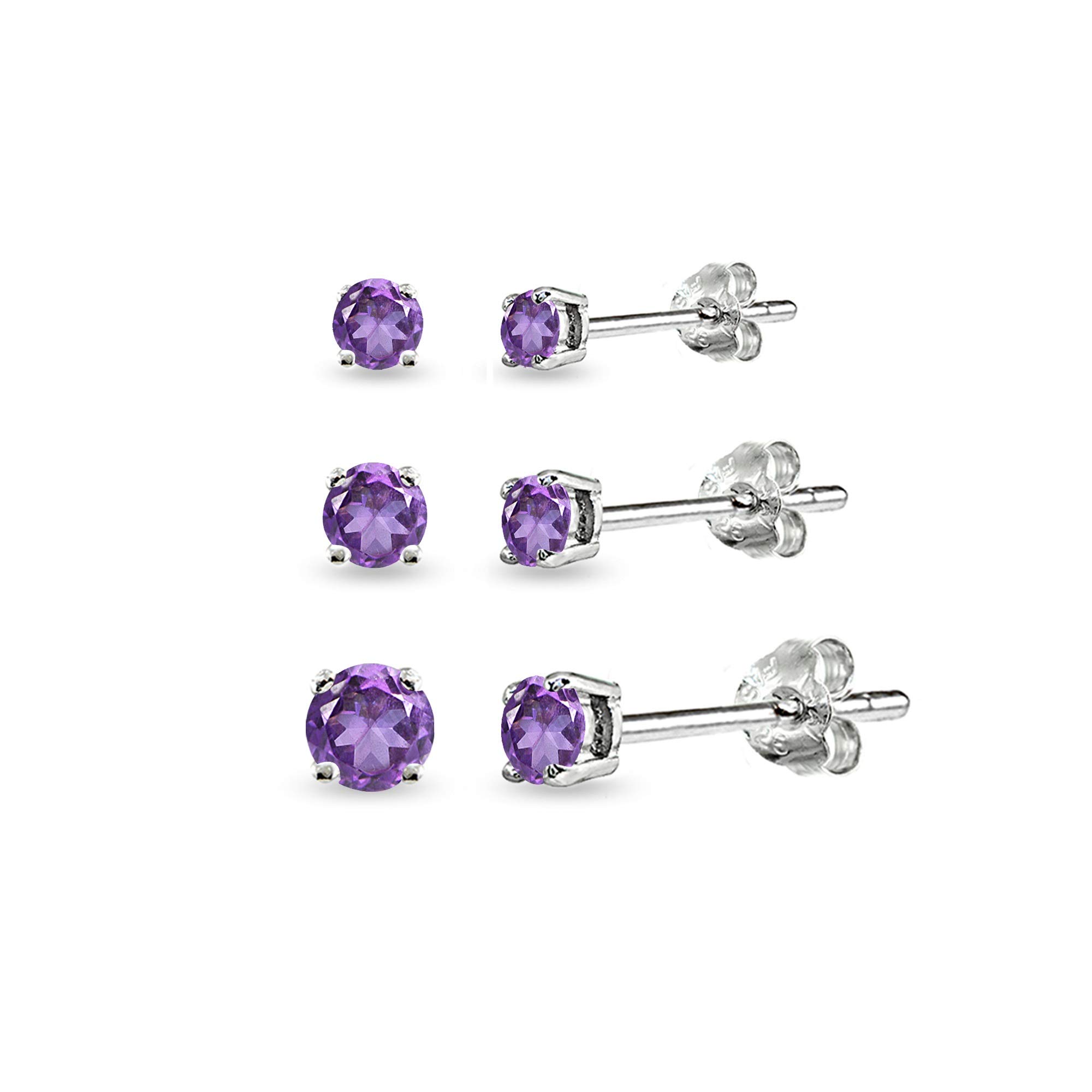 3-Pair Set Sterling Silver African Amethyst Round Stud Earrings, 3mm 4mm 5mm