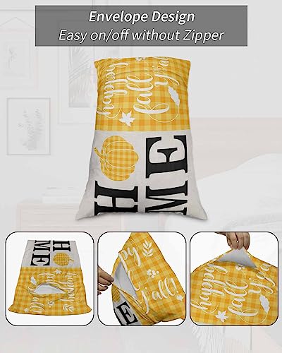 Edwiinsa Fall Pumpkin Pillow Covers King Standard Set of 2 Bed Pillow, Farmhouse Yellow Plaid Splicing Plush Soft Comfort for Hair/Skin Cooling Pillowcases with Envelop Closure 20''x36''