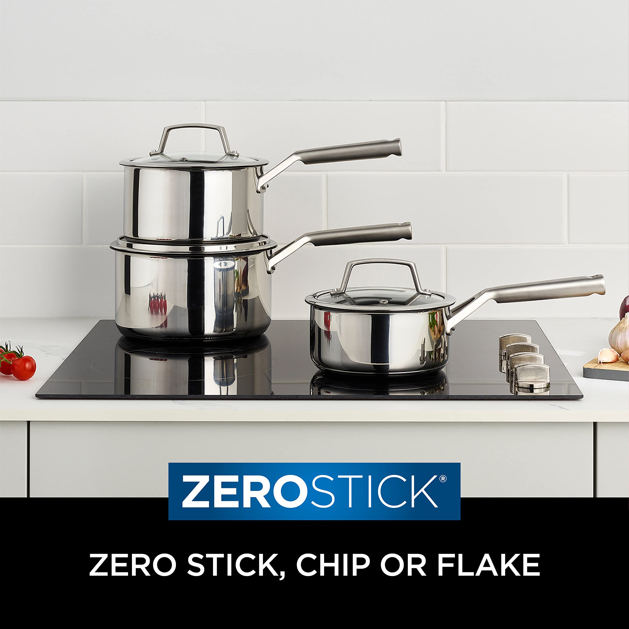 Ninja ZEROSTICK Stainless Steel Cookware 3-Piece Saucepan Set with Glass Lids, Long Lasting, Non-Stick Saucepans (16, 18 & 20cm), Induction Compatible, Oven Safe to 260°C, C63000UK