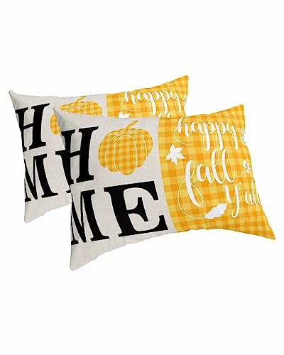 Edwiinsa Fall Pumpkin Pillow Covers King Standard Set of 2 Bed Pillow, Farmhouse Yellow Plaid Splicing Plush Soft Comfort for Hair/Skin Cooling Pillowcases with Envelop Closure 20''x36''