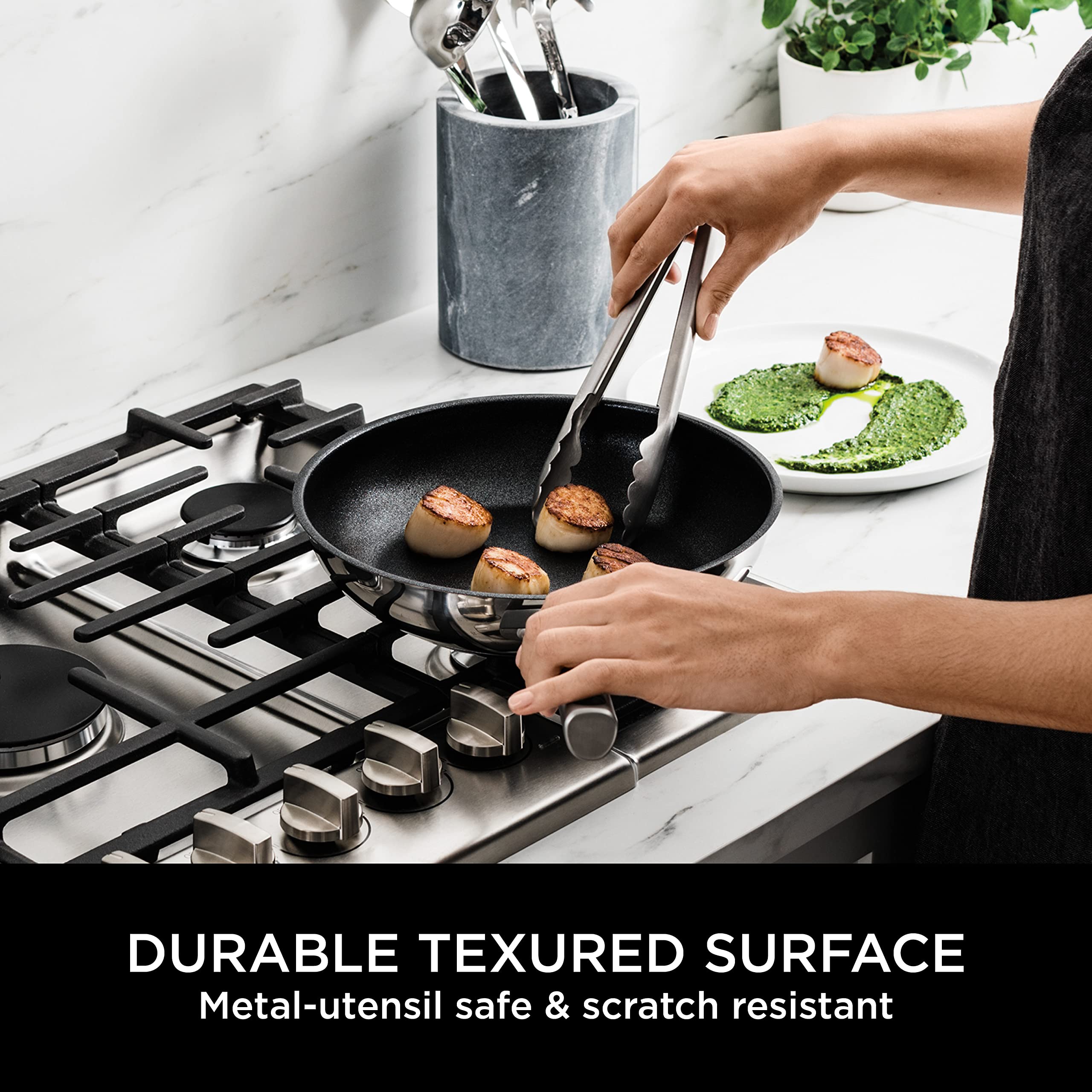 Ninja ZEROSTICK Stainless Steel Cookware 3-Piece Saucepan Set with Glass Lids, Long Lasting, Non-Stick Saucepans (16, 18 & 20cm), Induction Compatible, Oven Safe to 260°C, C63000UK
