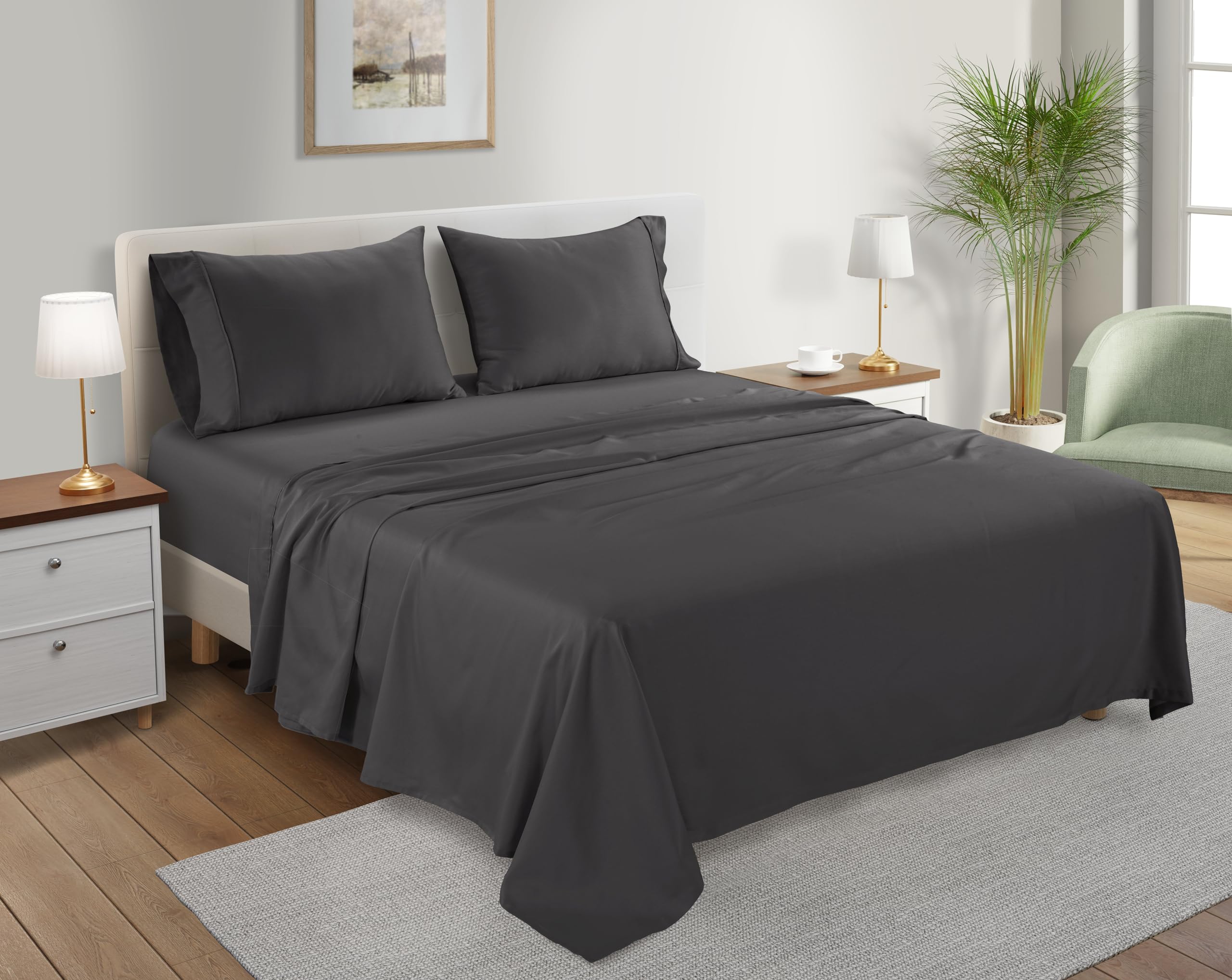 100% Organic Cotton Twin Sheet Set & Standard Pillowcases Set of 2 Combo- 300 Thread Count Long Staple Cotton Sheets,3 Pc Twin Size Sheets & Standard Pillowcases, Sateen Sheets, Breathable - Charcoal