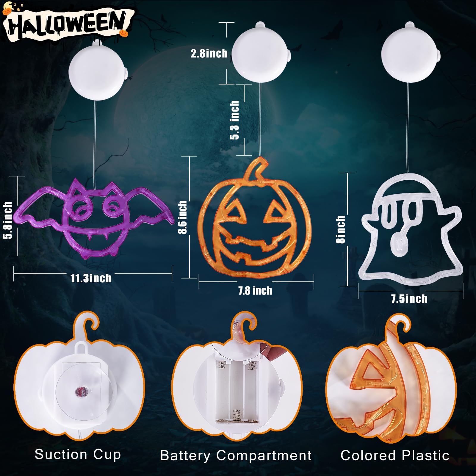 PISKEKAT Halloween Decorations, 3 Pack Orange Pumpkin, White Ghost, Purple Bat Halloween Window Lights with Suction Cup & Hooks, Battery Operated Indoor Lights for Halloween Window Decorations