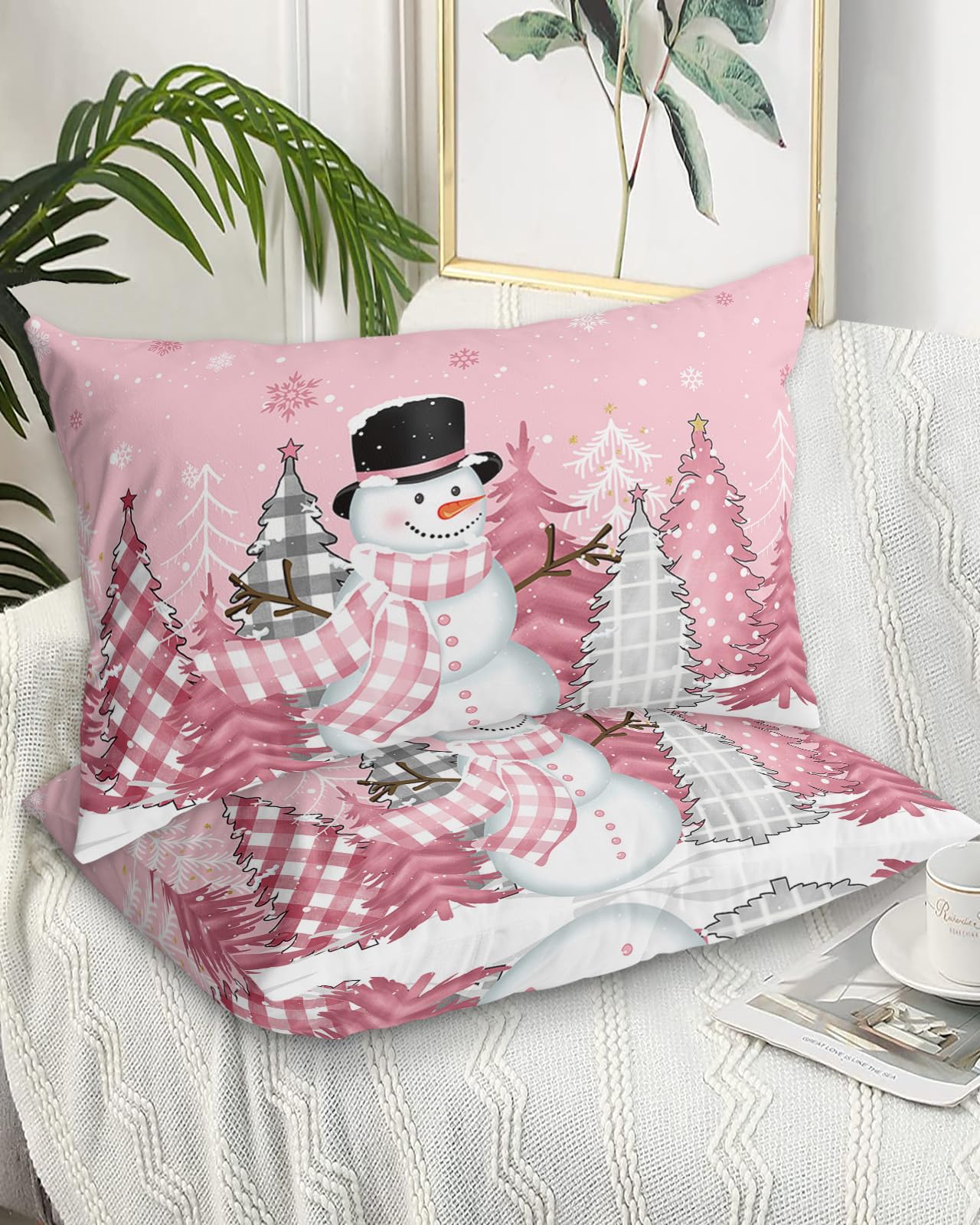 Edwiinsa Blush Pink Snowman Pillow Covers King Standard Set of 2 Bed Pillow, Plush Soft Comfort for Hair/Skin Cooling Pillowcases with Envelop Closure 20x36 Inches Christmas Dot Plaid Tree