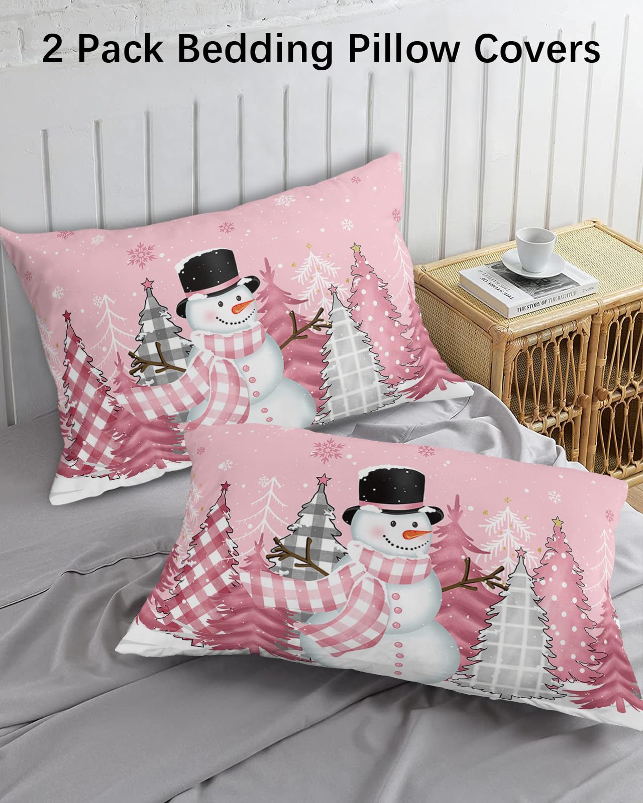 Edwiinsa Blush Pink Snowman Pillow Covers King Standard Set of 2 Bed Pillow, Plush Soft Comfort for Hair/Skin Cooling Pillowcases with Envelop Closure 20x36 Inches Christmas Dot Plaid Tree