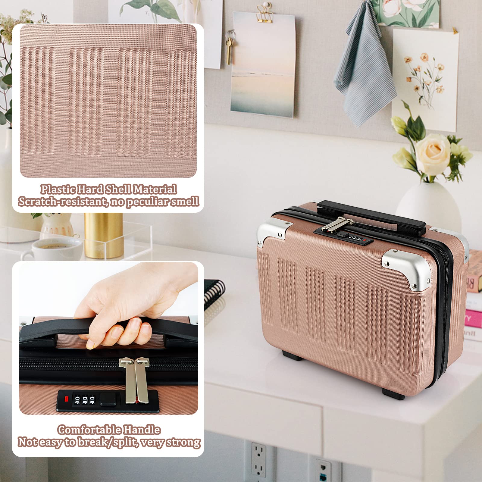 Lzttyee Small Hard Shell Cosmetic Case Travel Hand Luggage Portable Carrying Makeup Case Suitcase (Rose gold)