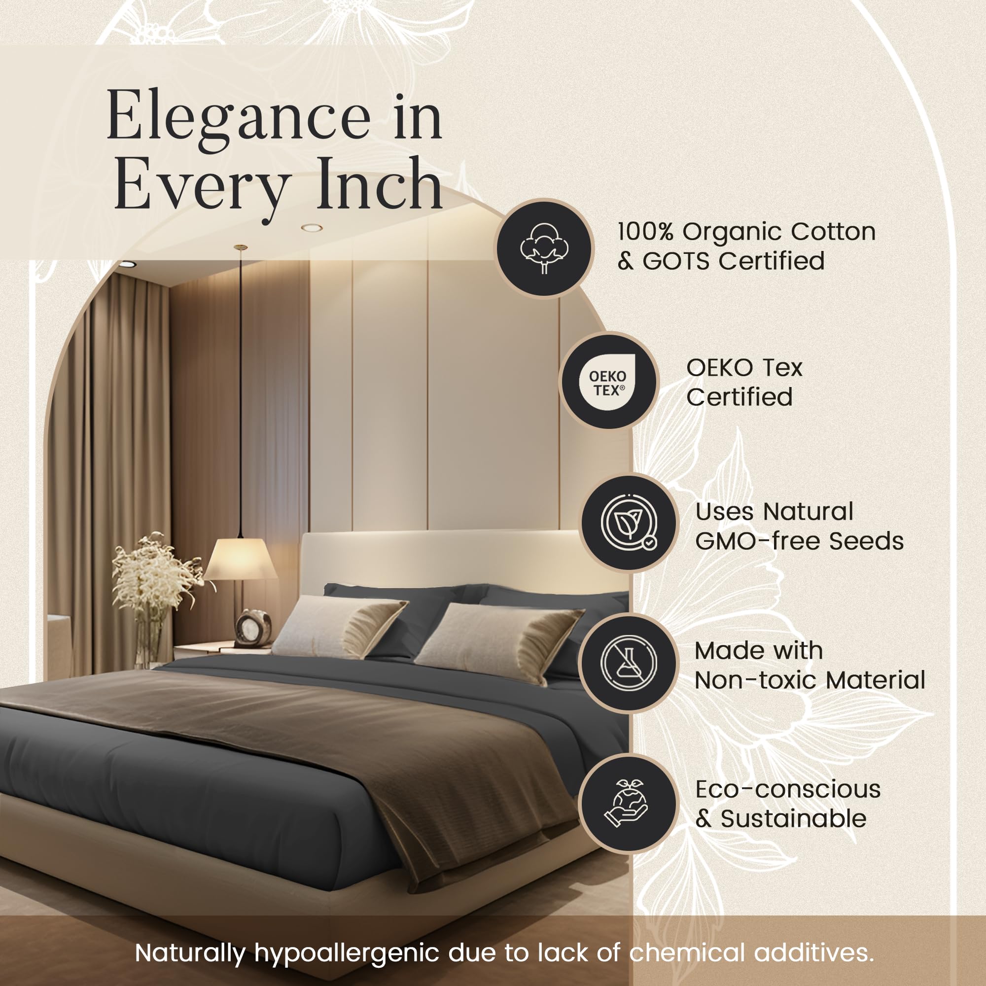 100% Organic Cotton Twin Sheet Set & Standard Pillowcases Set of 2 Combo- 300 Thread Count Long Staple Cotton Sheets,3 Pc Twin Size Sheets & Standard Pillowcases, Sateen Sheets, Breathable - Charcoal