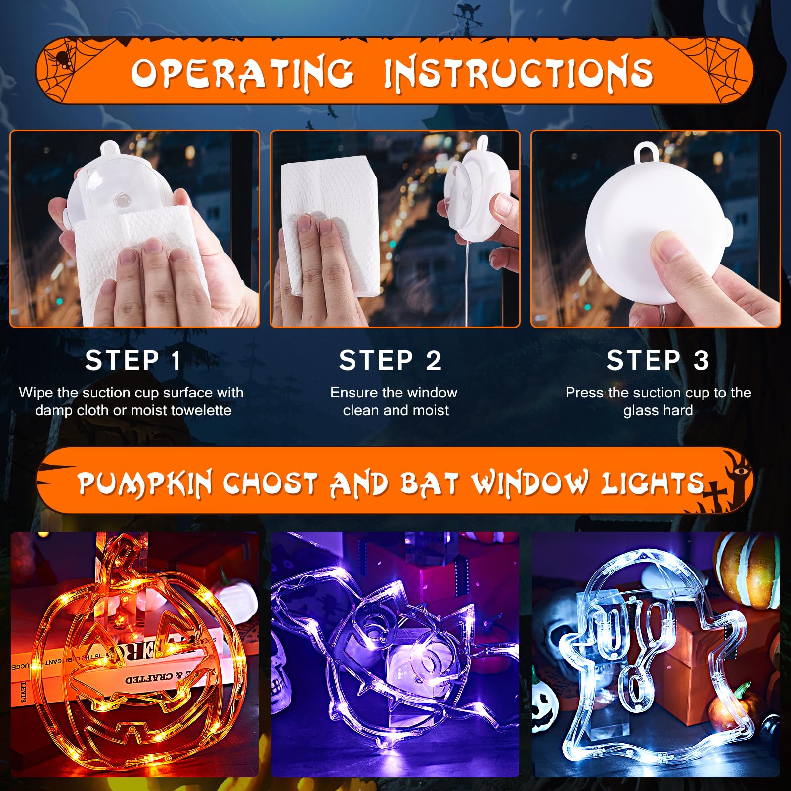 PISKEKAT Halloween Decorations, 3 Pack Orange Pumpkin, White Ghost, Purple Bat Halloween Window Lights with Suction Cup & Hooks, Battery Operated Indoor Lights for Halloween Window Decorations