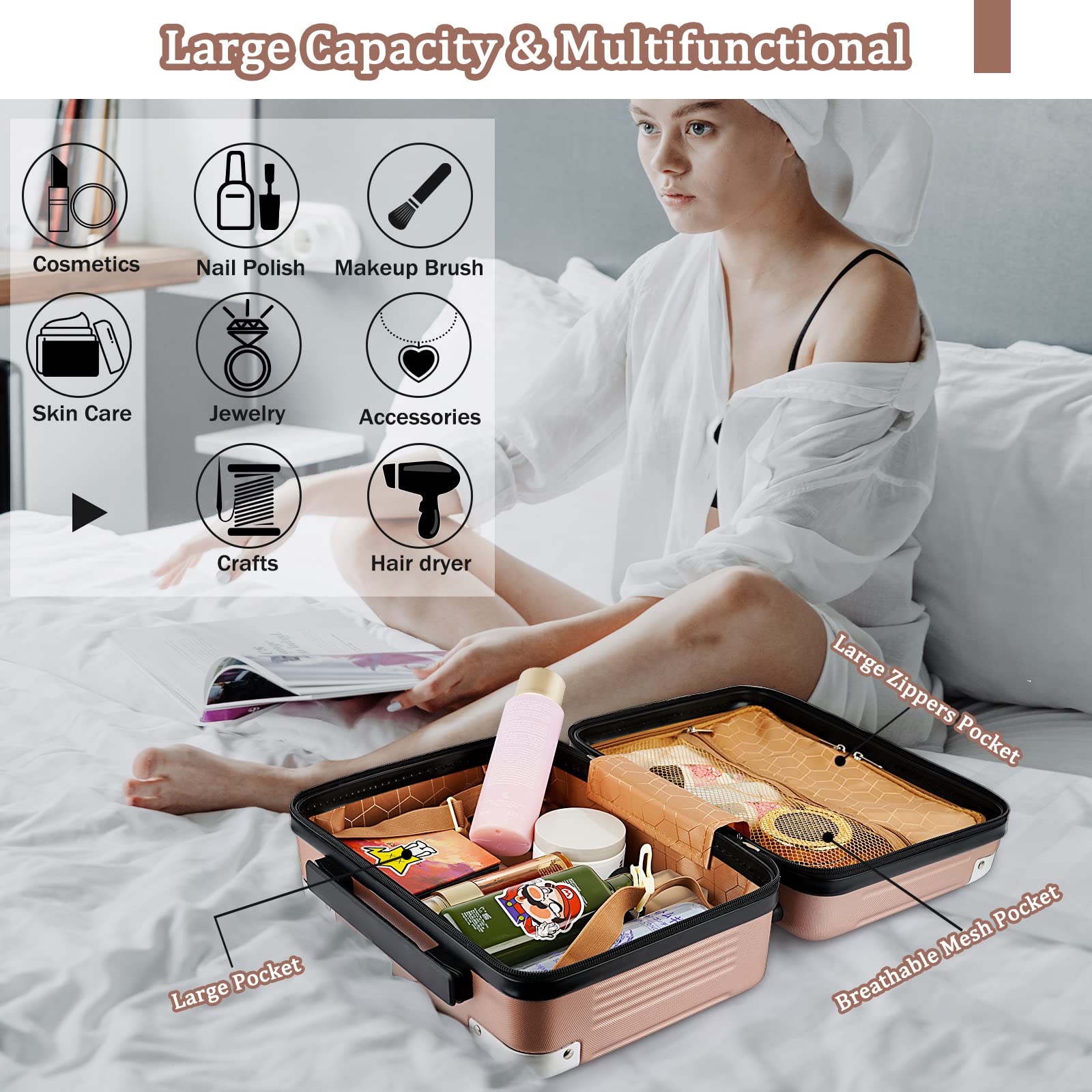 Lzttyee Small Hard Shell Cosmetic Case Travel Hand Luggage Portable Carrying Makeup Case Suitcase (Rose gold)