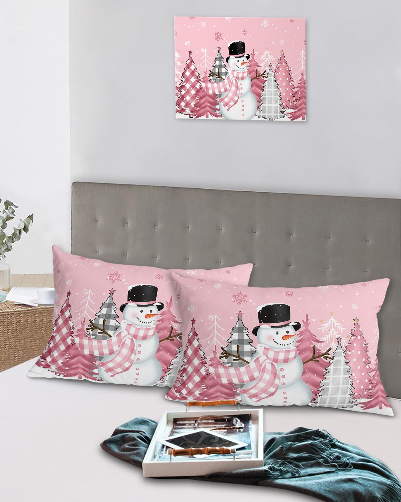Edwiinsa Blush Pink Snowman Pillow Covers King Standard Set of 2 Bed Pillow, Plush Soft Comfort for Hair/Skin Cooling Pillowcases with Envelop Closure 20x36 Inches Christmas Dot Plaid Tree