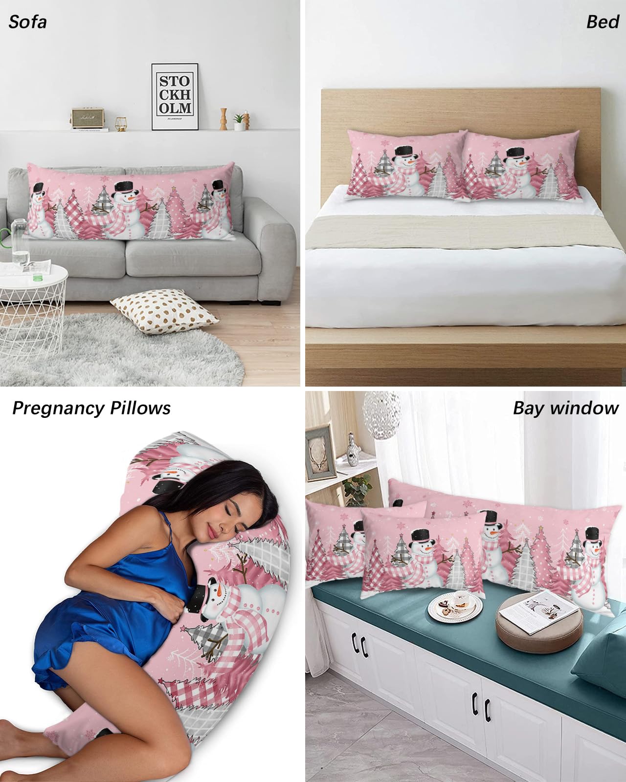 Edwiinsa Blush Pink Snowman Pillow Covers King Standard Set of 2 Bed Pillow, Plush Soft Comfort for Hair/Skin Cooling Pillowcases with Envelop Closure 20x36 Inches Christmas Dot Plaid Tree