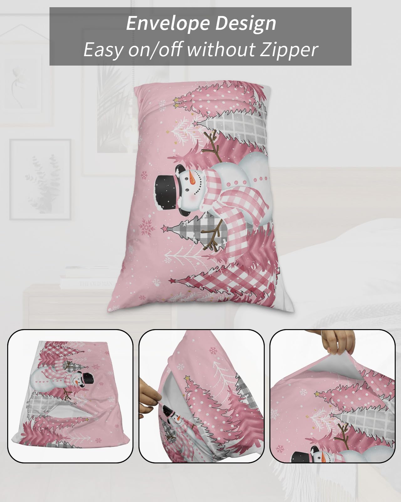 Edwiinsa Blush Pink Snowman Pillow Covers King Standard Set of 2 Bed Pillow, Plush Soft Comfort for Hair/Skin Cooling Pillowcases with Envelop Closure 20x36 Inches Christmas Dot Plaid Tree