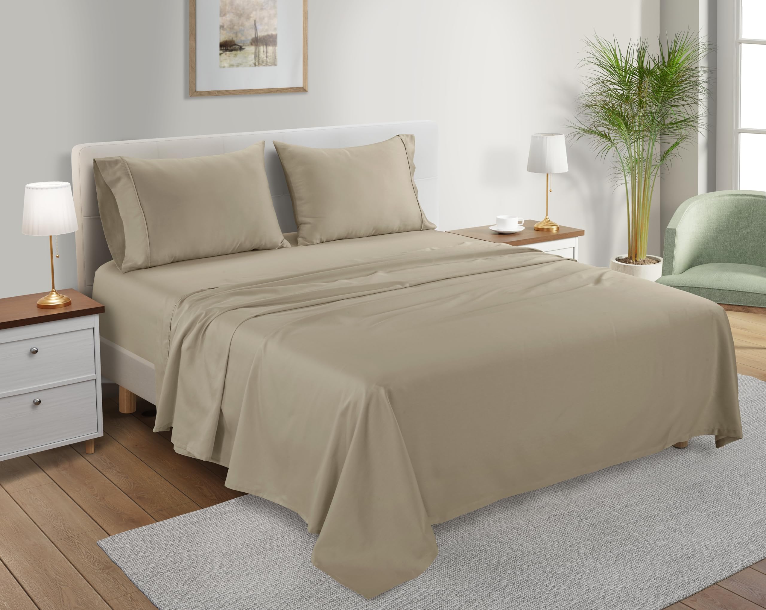 100% Organic Cotton Twin Sheet Set & Standard Pillowcases Set of 2 Combo- 300 Thread Count Long Staple Cotton Sheets,3 Pc Twin Size Sheets & Standard Pillowcases, Sateen Sheets, Breathable - Tan