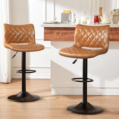 LEMBERI Bar Stools Set of 2, Counter Height Adjustable Bar Stool Swivel with Back, Modern Design Bar Chairs Armless Faux Leather Barstools for Kitchen Island, Pub, Dining Room (Whisky)