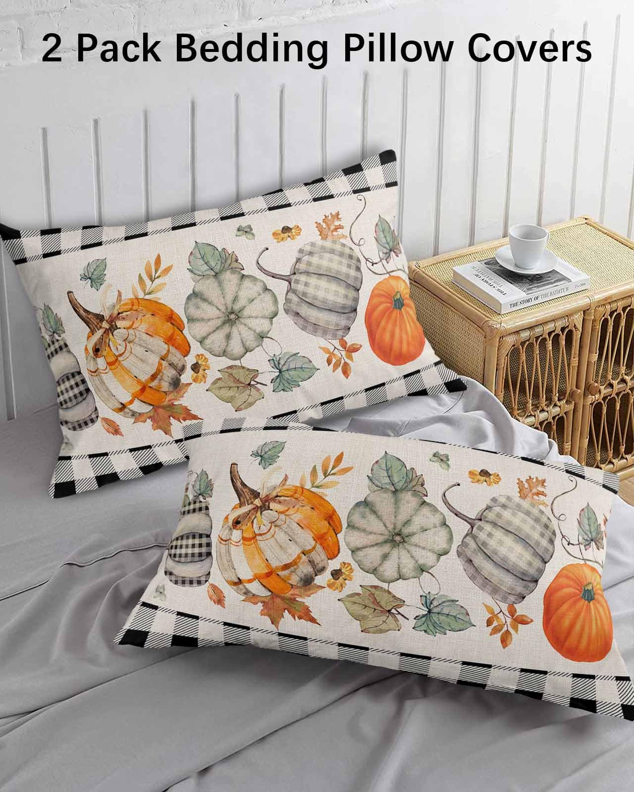 Thanksgiving Pillow Covers Standard Size Set of 2 Bed Pillow, Black White Plaid Pumpkin Fallen Leaves Farmhouse Plush Soft Comfort for Hair/ Skin Cooling Pillowcases with Envelop Closure 20''x26''