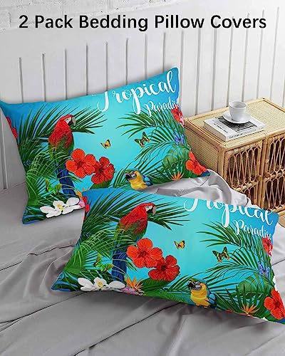 Tropical Plants Pillow Covers King Standard Set of 2 Bed Pillow, Colorful Summer Flowers Botanical Parrot Blue Plush Soft Comfort for Hair/ Skin Cooling Pillowcases with Envelop Closure 20''x36''