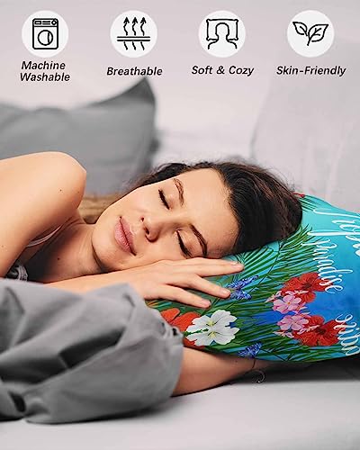 Tropical Plants Pillow Covers King Standard Set of 2 Bed Pillow, Colorful Summer Flowers Botanical Parrot Blue Plush Soft Comfort for Hair/ Skin Cooling Pillowcases with Envelop Closure 20''x36''