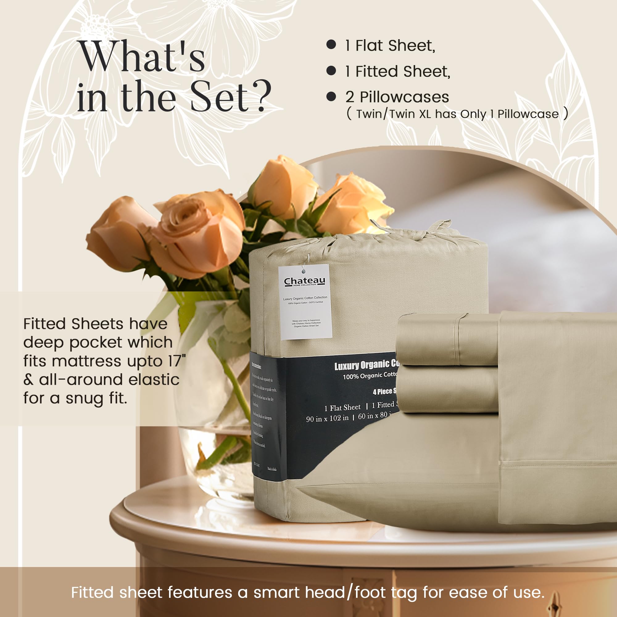 100% Organic Cotton Twin Sheet Set & Standard Pillowcases Set of 2 Combo- 300 Thread Count Long Staple Cotton Sheets,3 Pc Twin Size Sheets & Standard Pillowcases, Sateen Sheets, Breathable - Tan