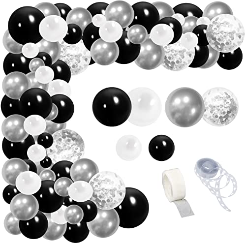 Black Silver White Balloons Garland Arch Kit, 112Pcs Black White and Metallic Silver Confetti Latex Balloons Party Decorations for Birthday Graduation Wedding Bridal Shower Theme Decor