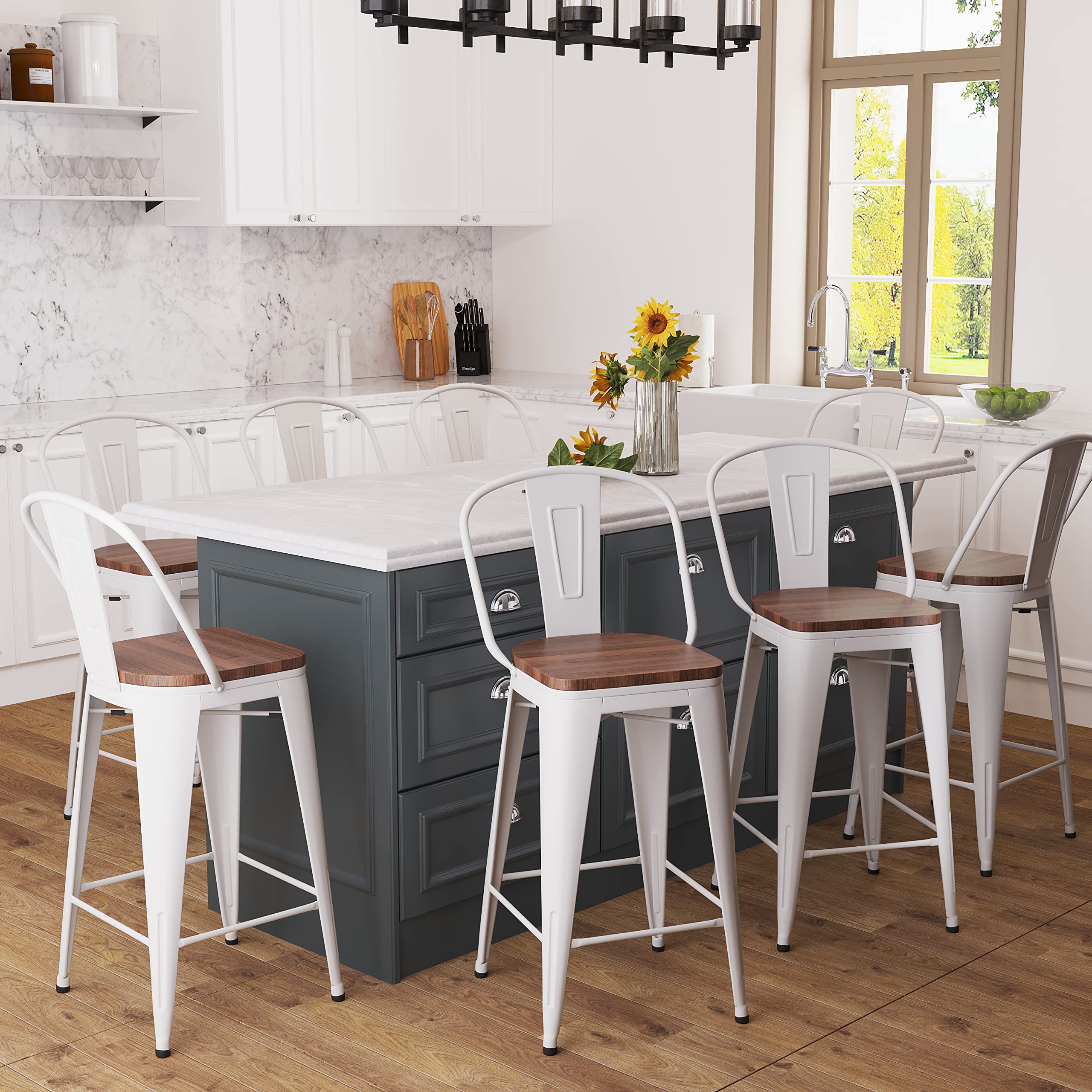 Aklaus Metal Bar Stools Set of 4, 24 inch Counter Height Bar Stools with Backs, Farmhouse Style, Larger Seat, High Back Kitchen Dining Chairs, Cream White Stool