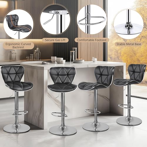 Yaheetech Bar Stools Set of 4, Island Chairs Shell Back, PU Leather Adjustable Barstools, Swivel Barstools with Footrest for Home Kitchen, Grey