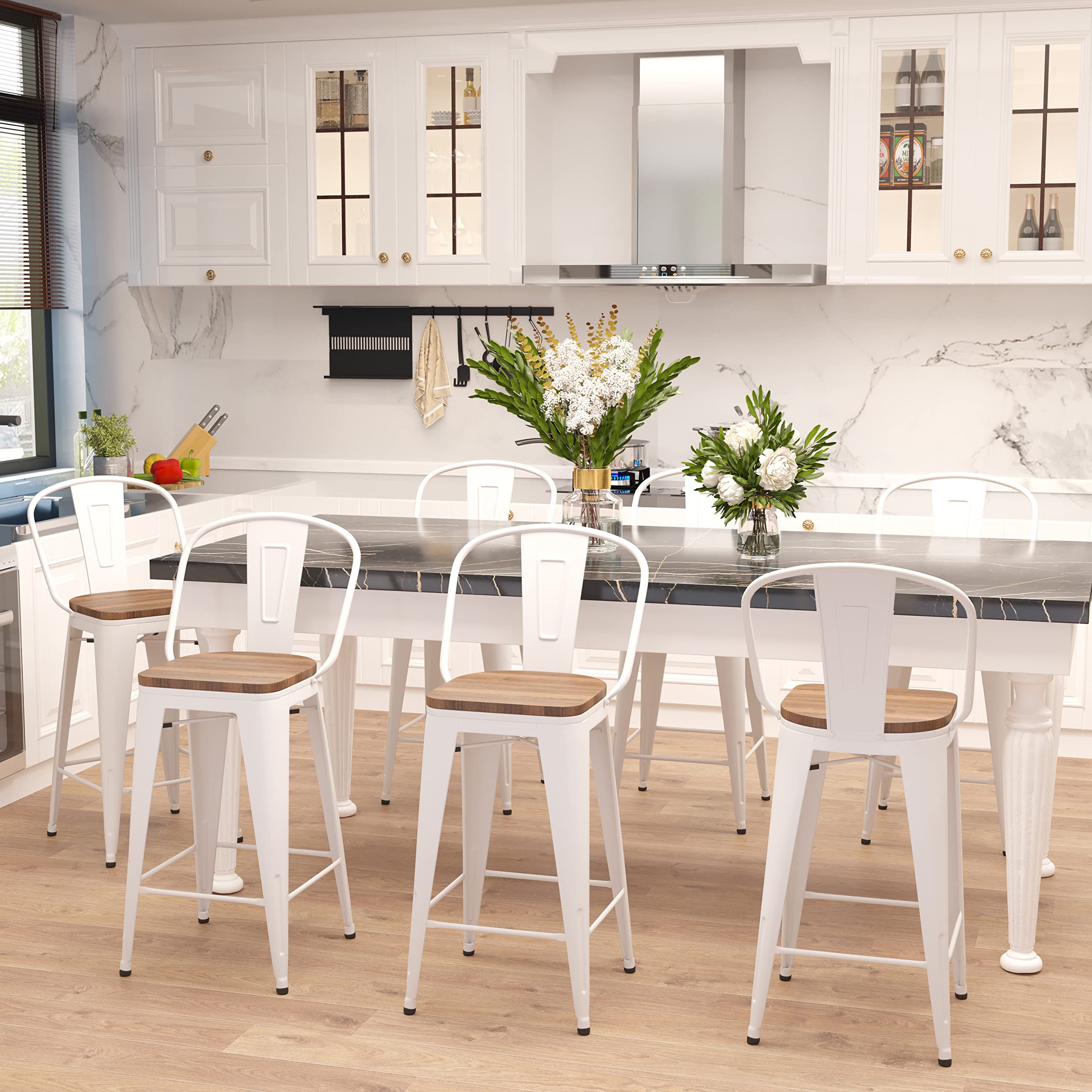 Aklaus Metal Bar Stools Set of 4, 24 inch Counter Height Bar Stools with Backs, Farmhouse Style, Larger Seat, High Back Kitchen Dining Chairs, Cream White Stool